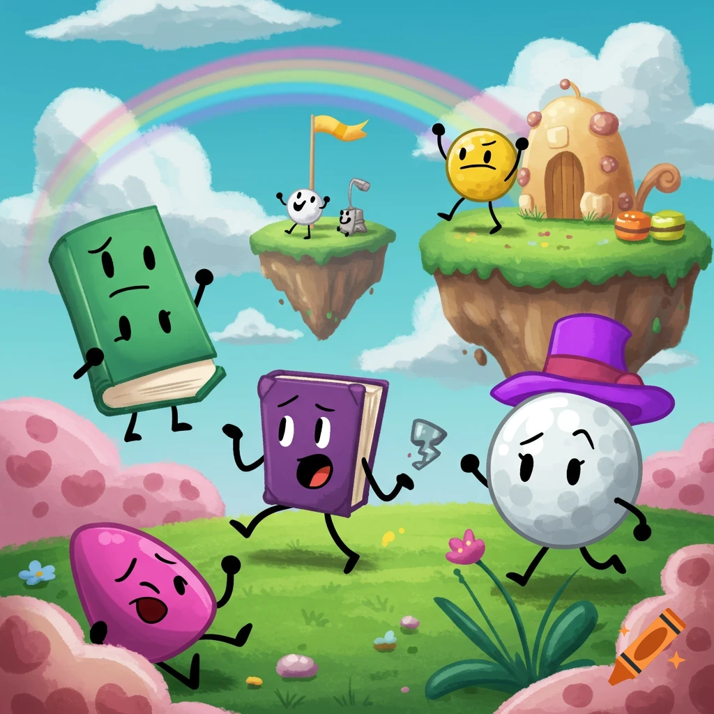 Cartoon object characters in a whimsical fantasy landscape with ...