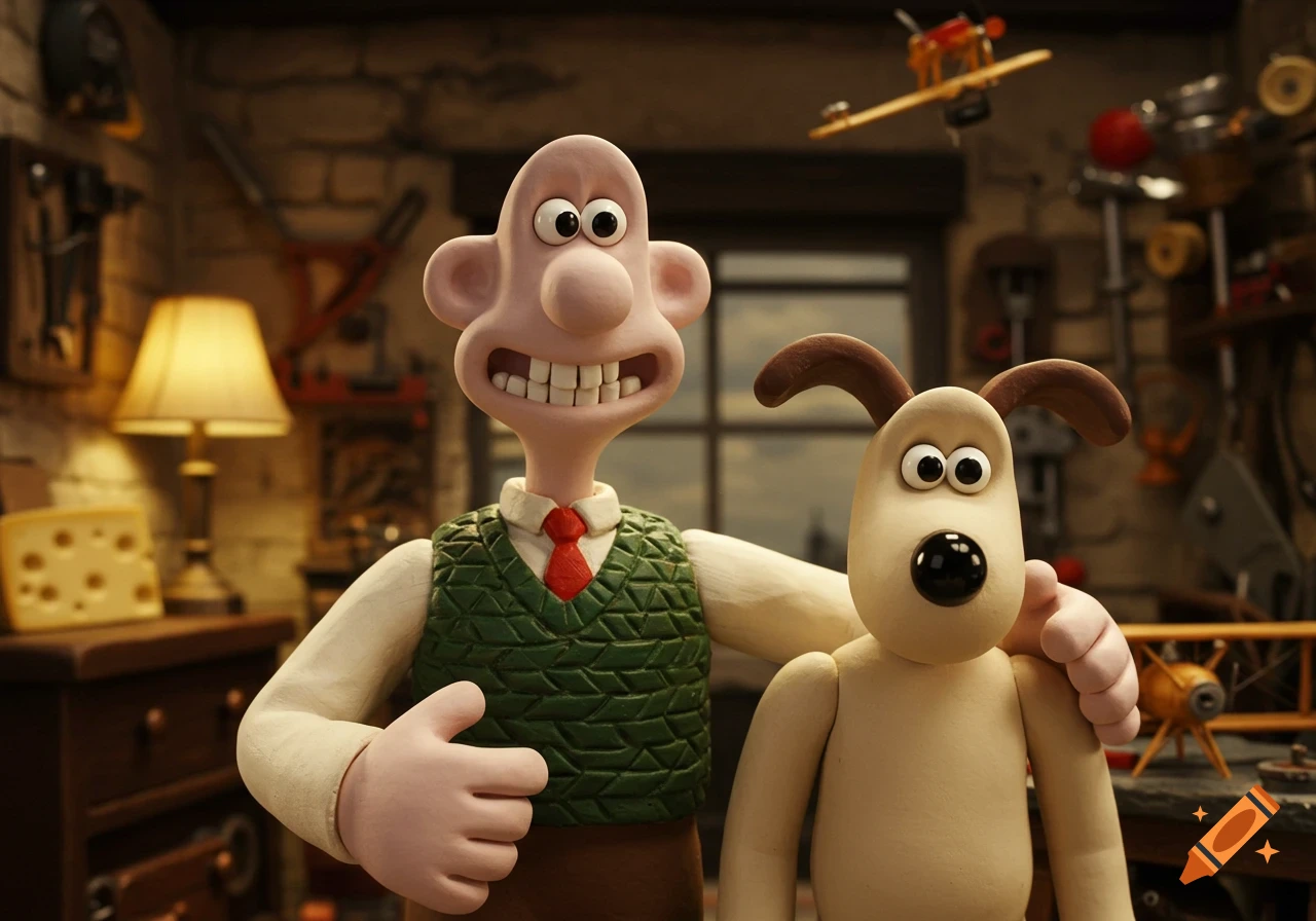 Wallace and Gromit stand together in a workshop, rendered in a ...