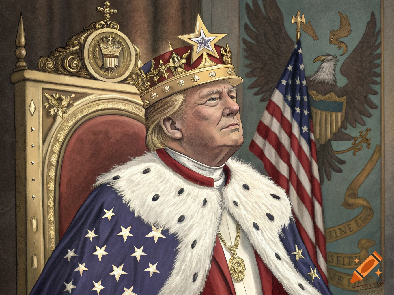 Illustration of Donald Trump depicted as a king in a regal robe and ...