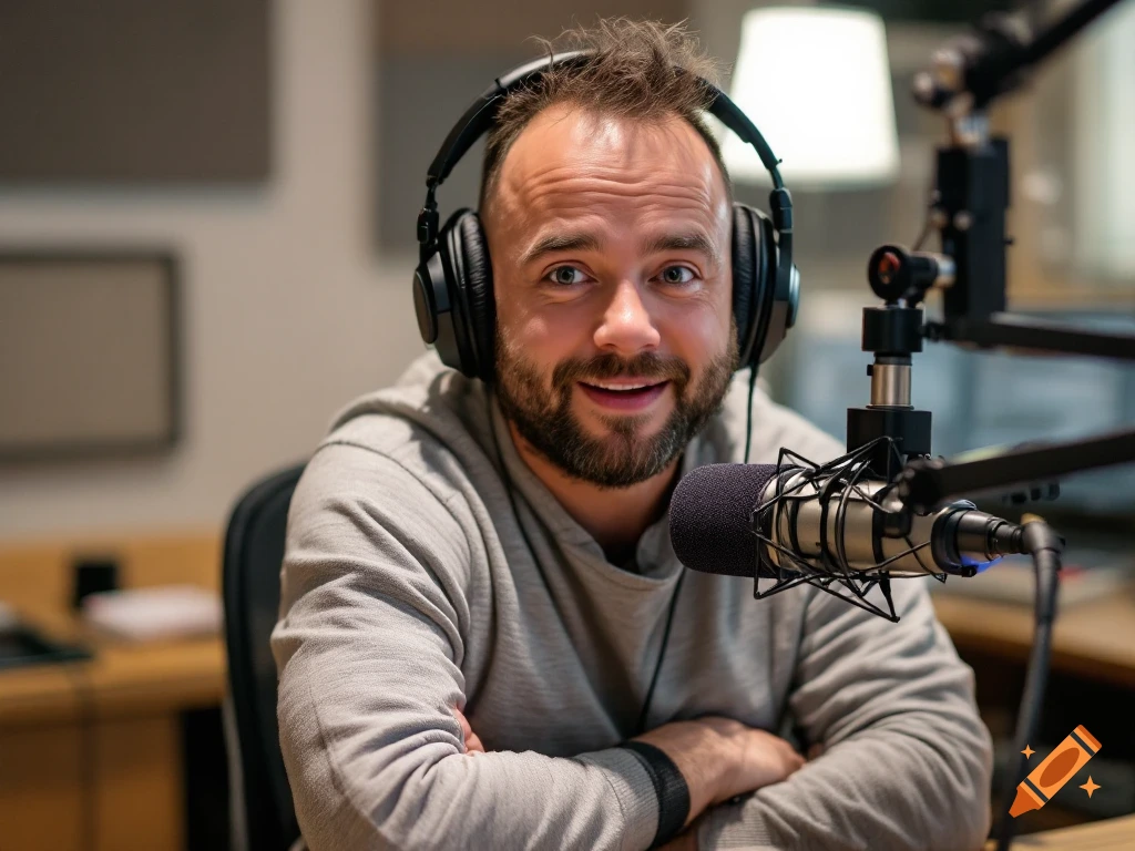 Man in a podcast studio wearing headphones and speaking into a ...