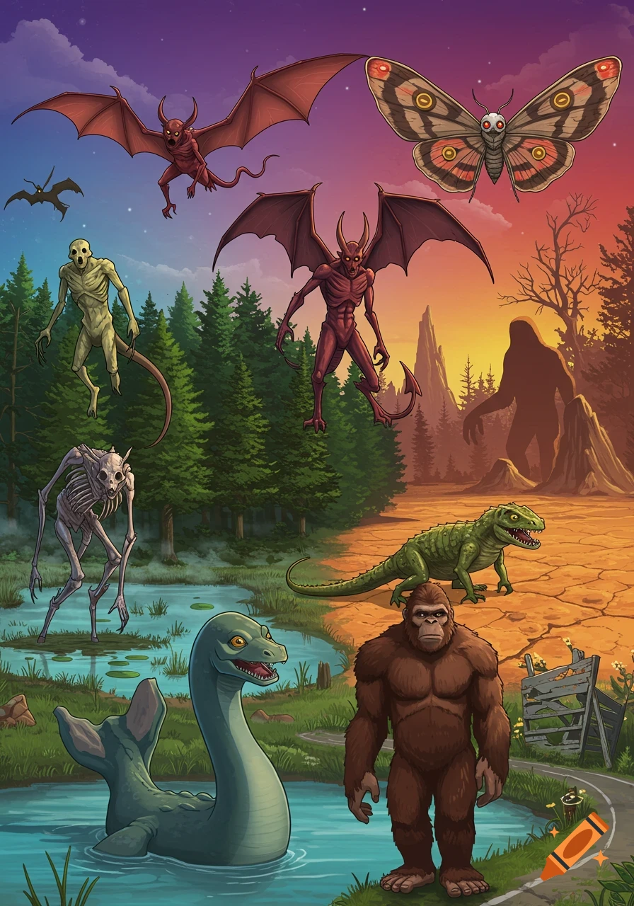Illustration of various cryptids including Mothman, Jersey Devil ...