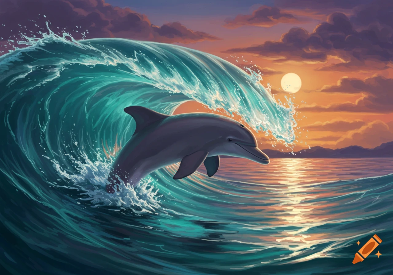 Animated dolphin leaping from a large turquoise wave during sunset. on ...
