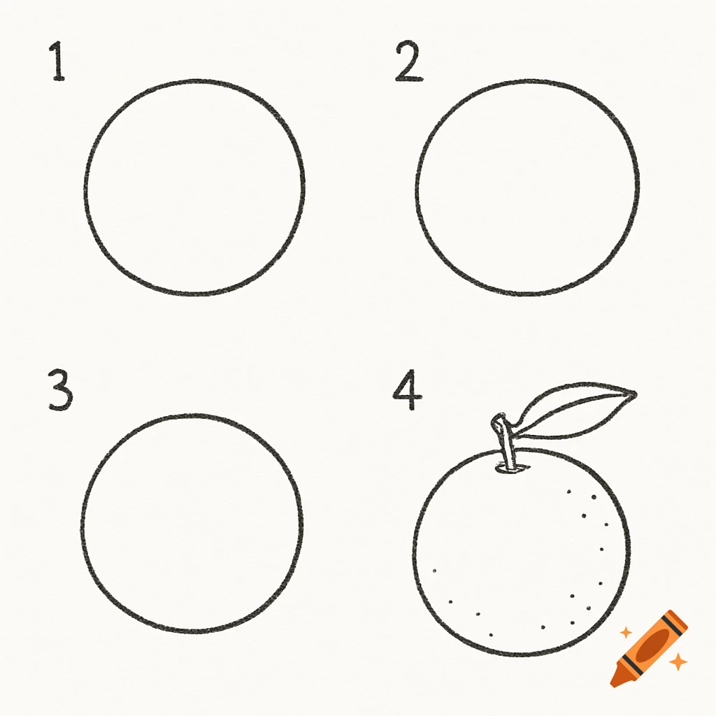 A simple line sketch tutorial showing four steps to draw an orange. on Craiyon