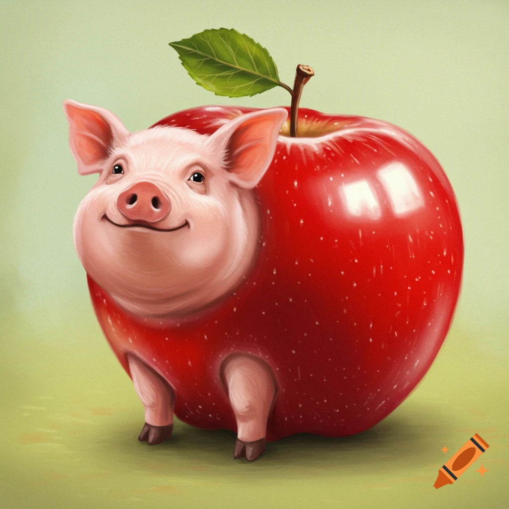 Smiling pig head emerging from a red apple body, illustration. on Craiyon