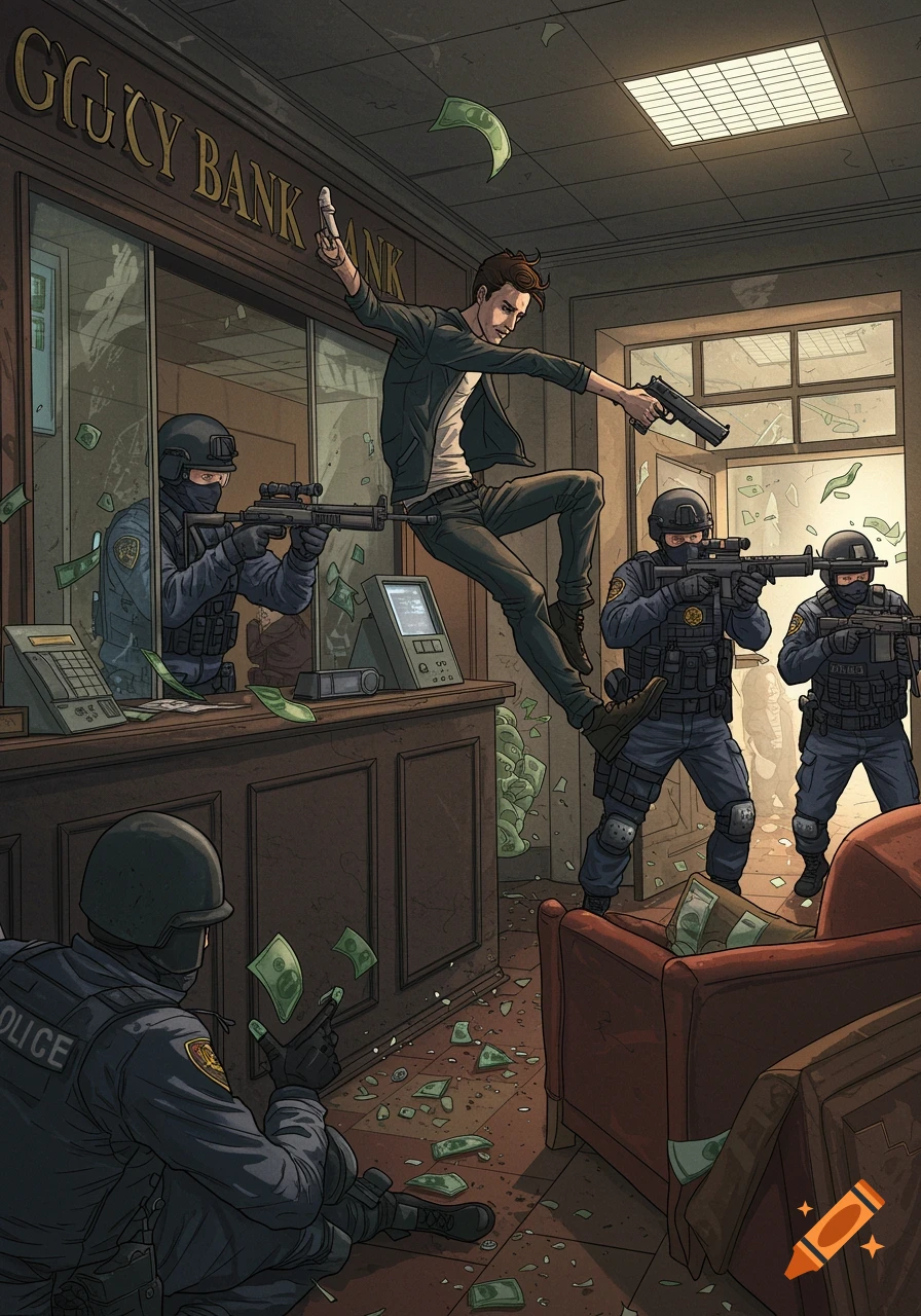 An illustration of a bank robbery with a man jumping over a counter ...