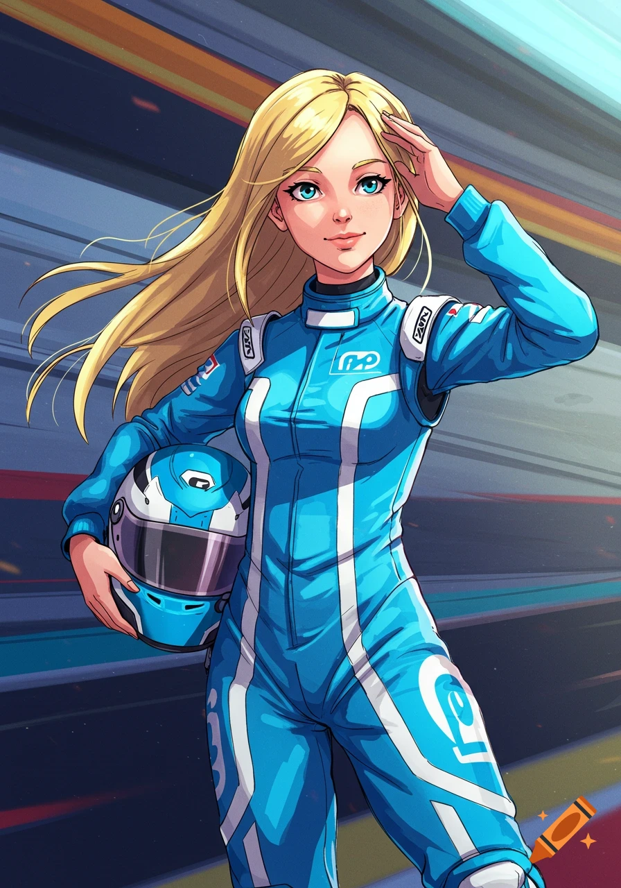 Anime illustration of a woman in a blue racing suit holding a helmet ...