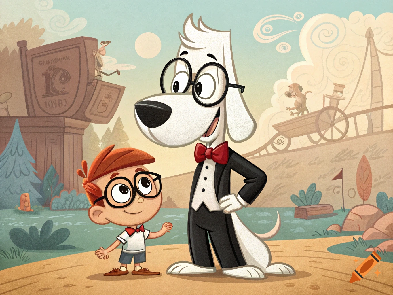 Cartoon illustration of Mr. Peabody and Sherman standing outdoors. on ...