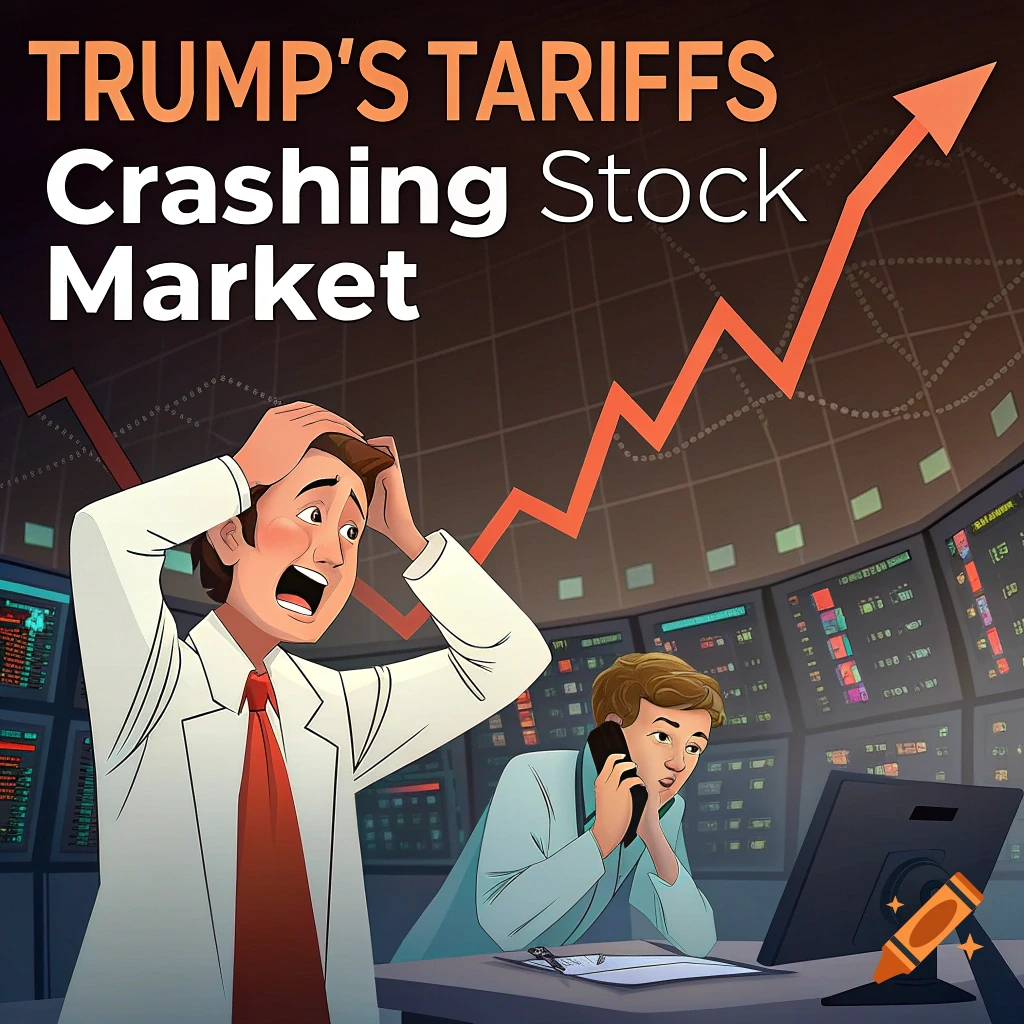 Cartoon of men reacting to a stock market crash with text 'Trump's ...