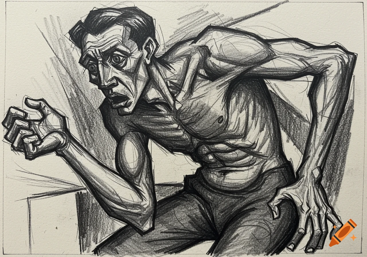 Graphite drawing of an expressionist man with exaggerated features ...