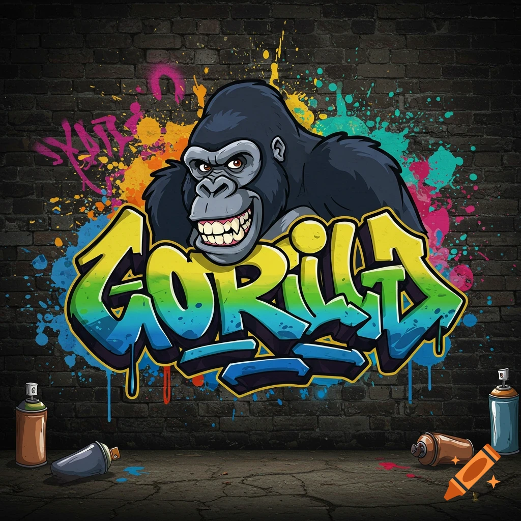 Cartoon gorilla in colorful graffiti style on a brick wall, with the ...
