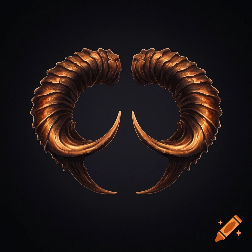 Two ornate brown segmented horns curve inwards against a dark ...