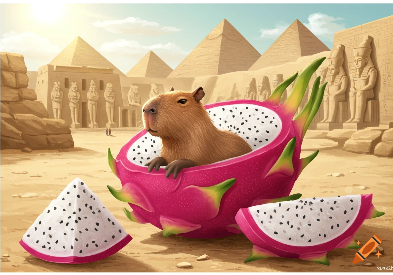 A capybara sits inside a hollowed dragon fruit in a desert scene with ...