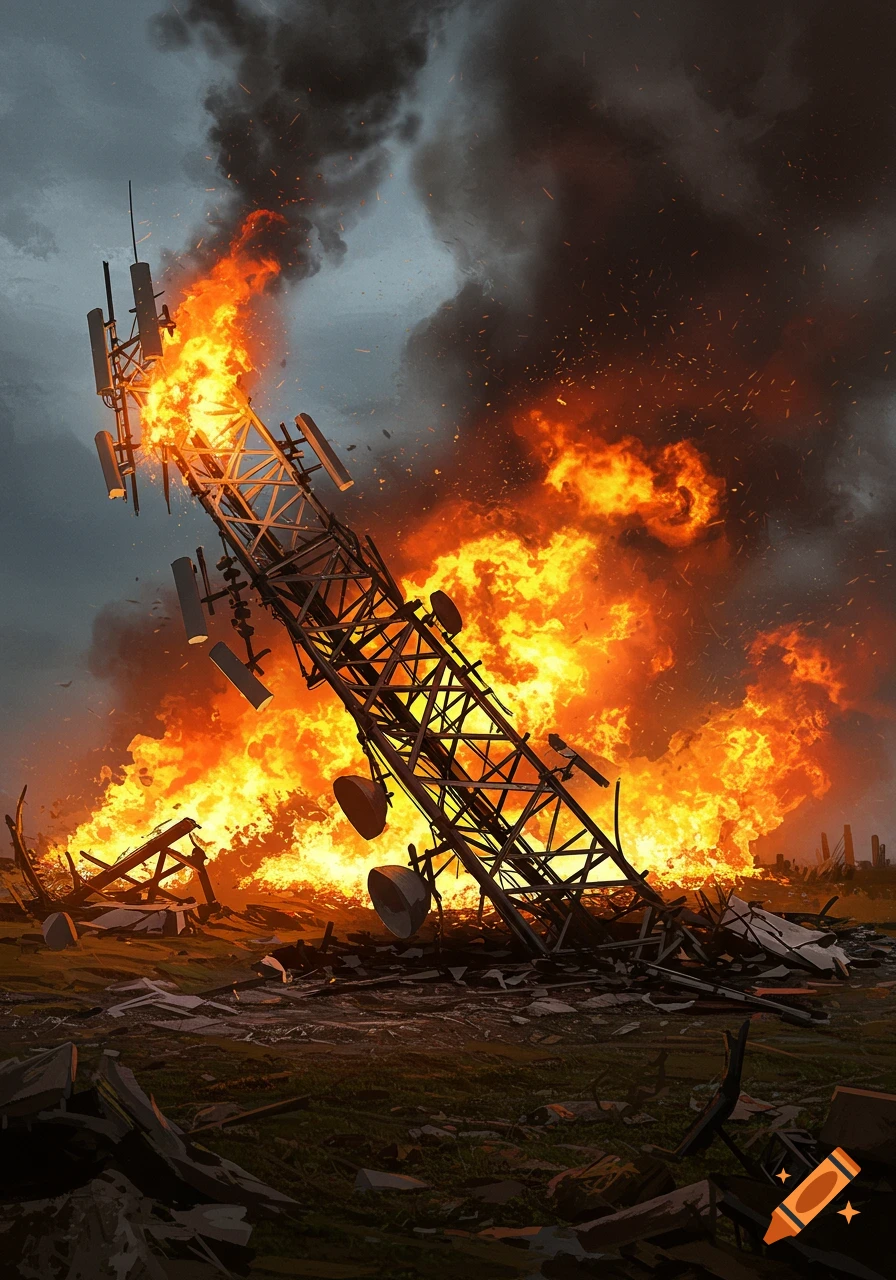 A fallen cell tower is engulfed in large flames and dark smoke, with debris scattered around its ...