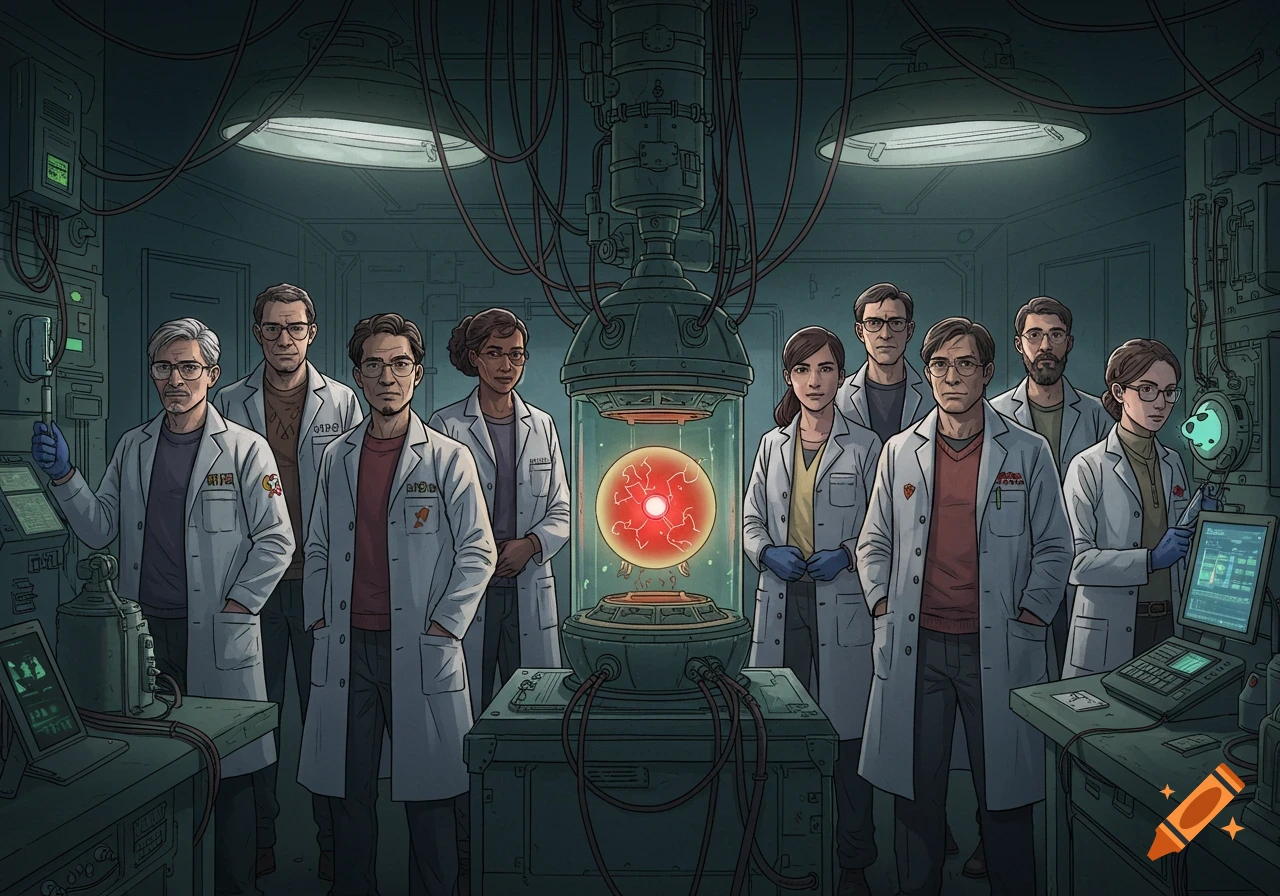 Illustration of several scientists in a laboratory standing near a ...