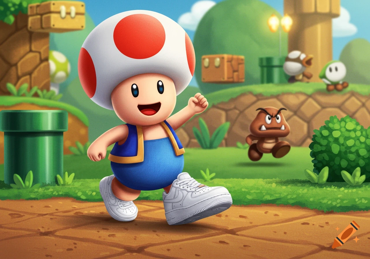 Toad from Super Mario running in a game environment wearing white ...