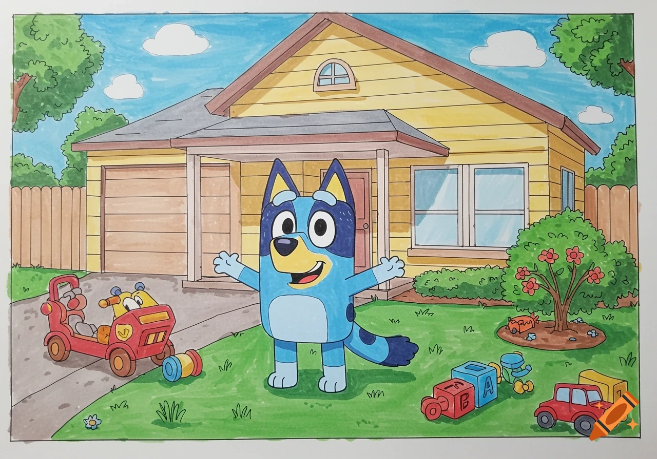 Illustration of Bluey standing in a yard in front of a house with toys ...