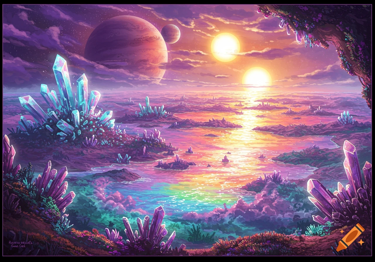Vibrant fantasy landscape with planets, twin suns, large glowing ...
