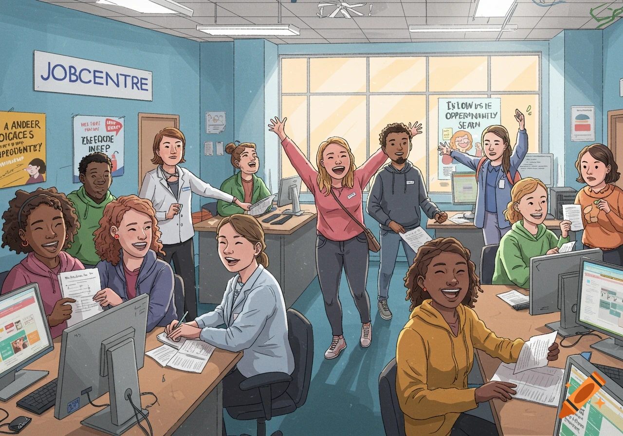 Illustration of a busy job centre with diverse, happy people working at computers and ...