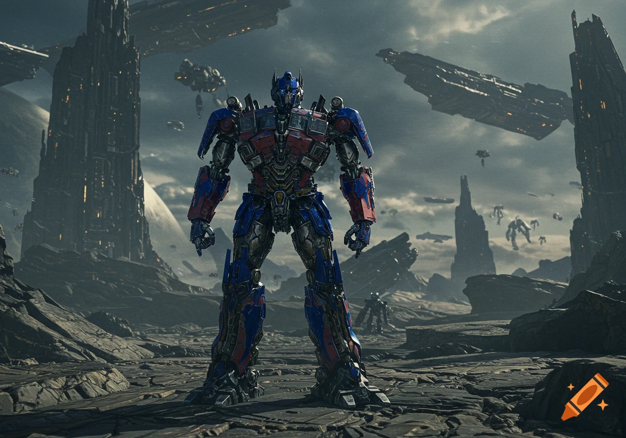 Optimus Prime stands on a rocky planet with futuristic structures and ...