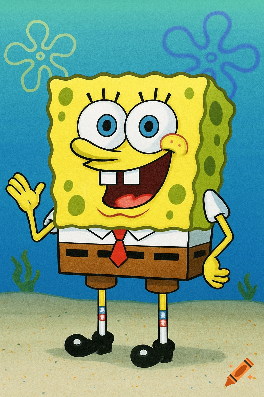 SpongeBob Squarepants stands on the ocean floor, smiling and waving on ...