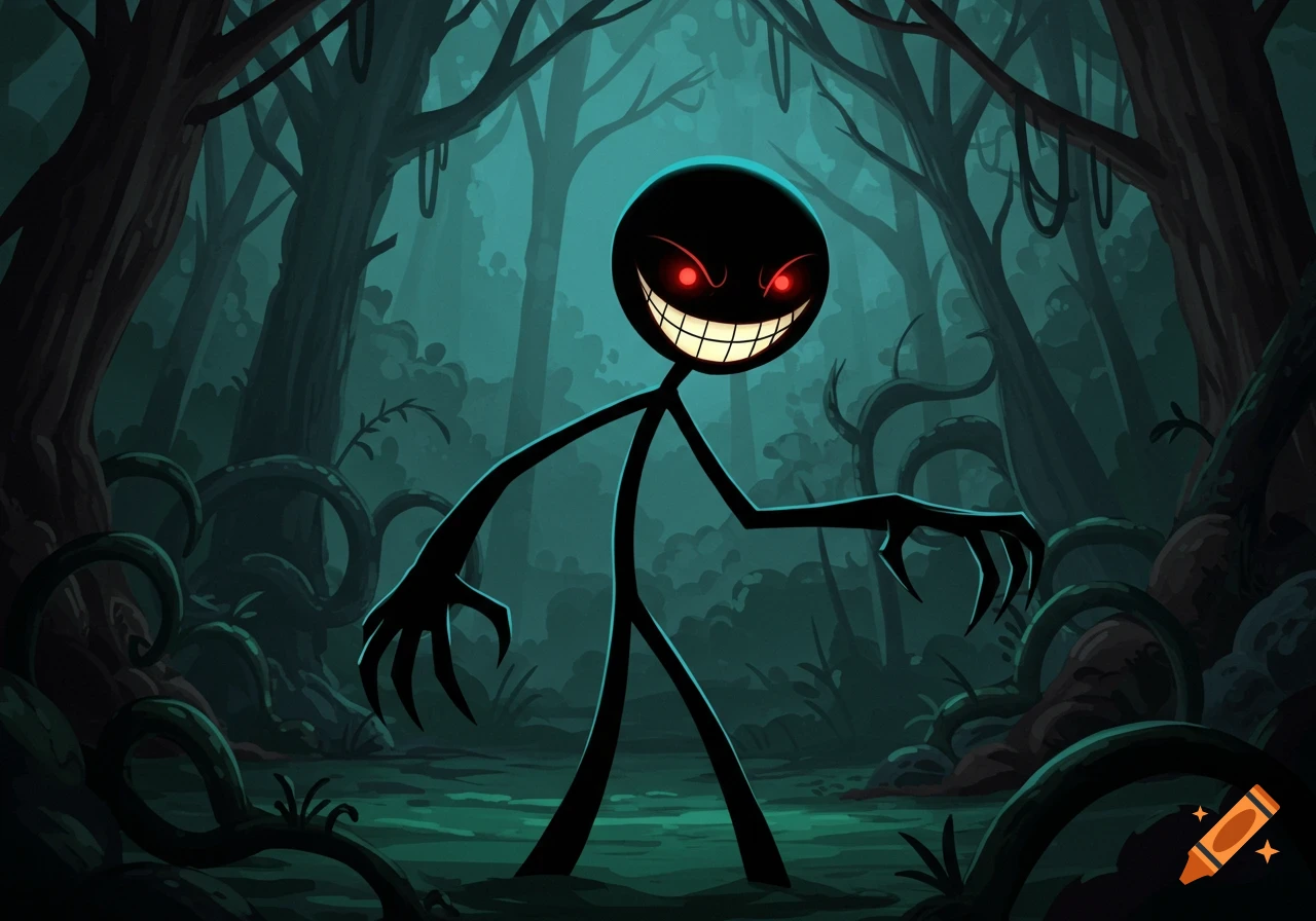 Evil cartoon stick figure creature with red eyes and a wide grin in a ...