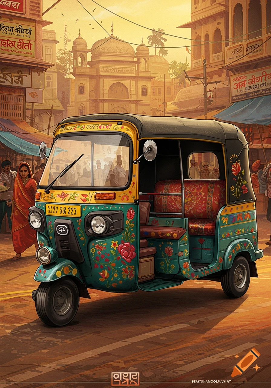 Decorated auto-rickshaw on a busy street in India, illustration. on Craiyon