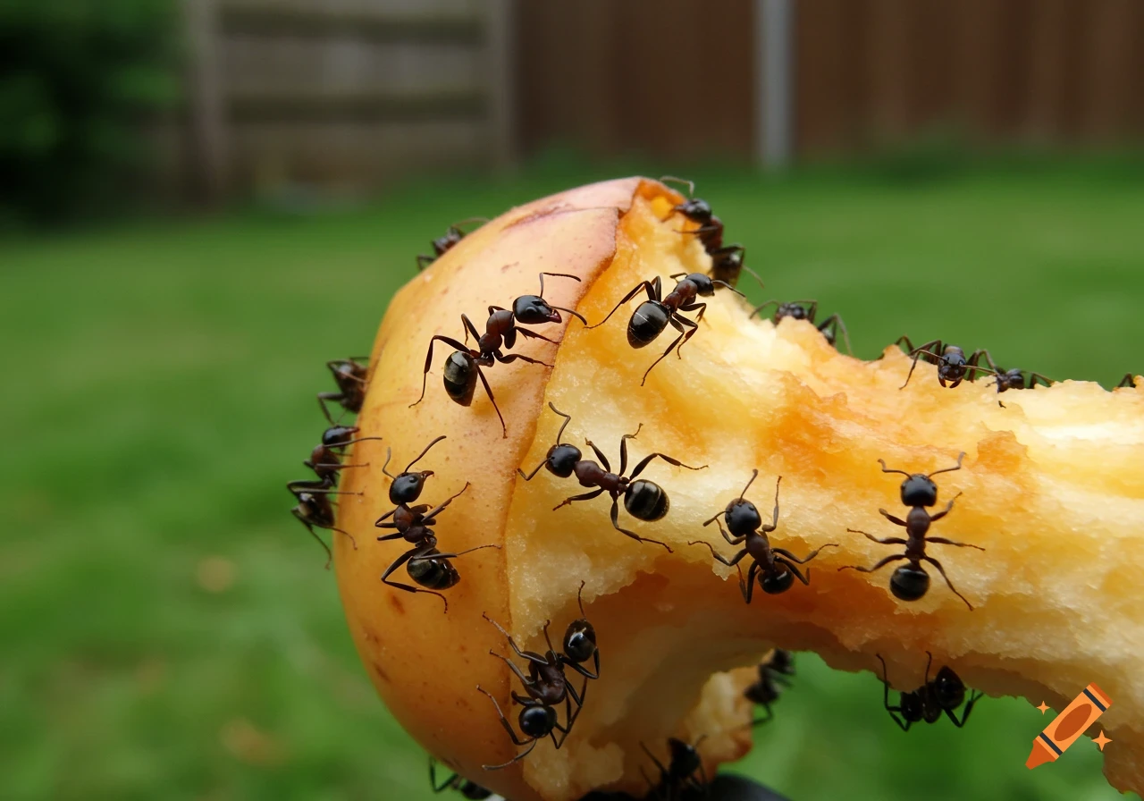 Macro shot of black ants eating an apple core outside. on Craiyon