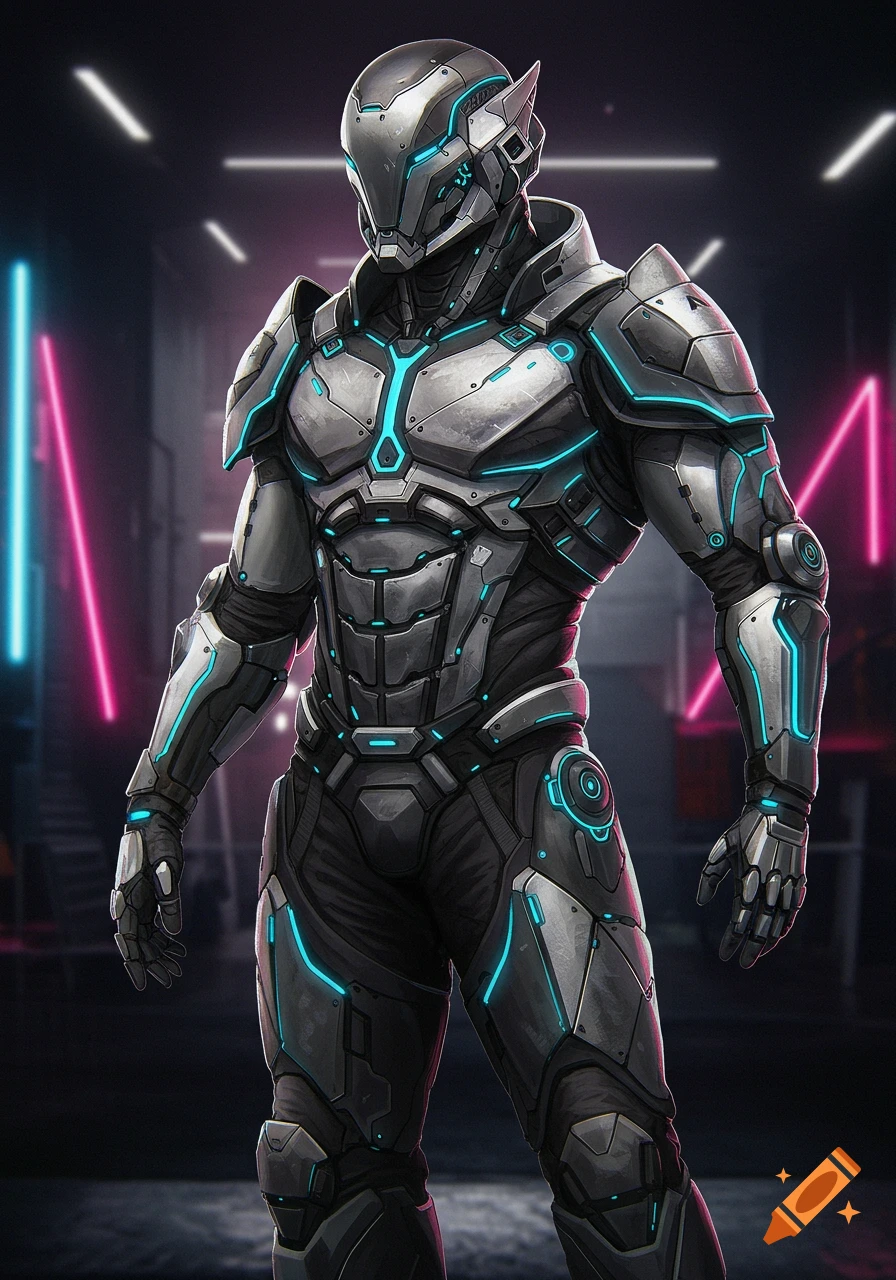 A futuristic metallic suit of armor with blue lights stands in a dark ...