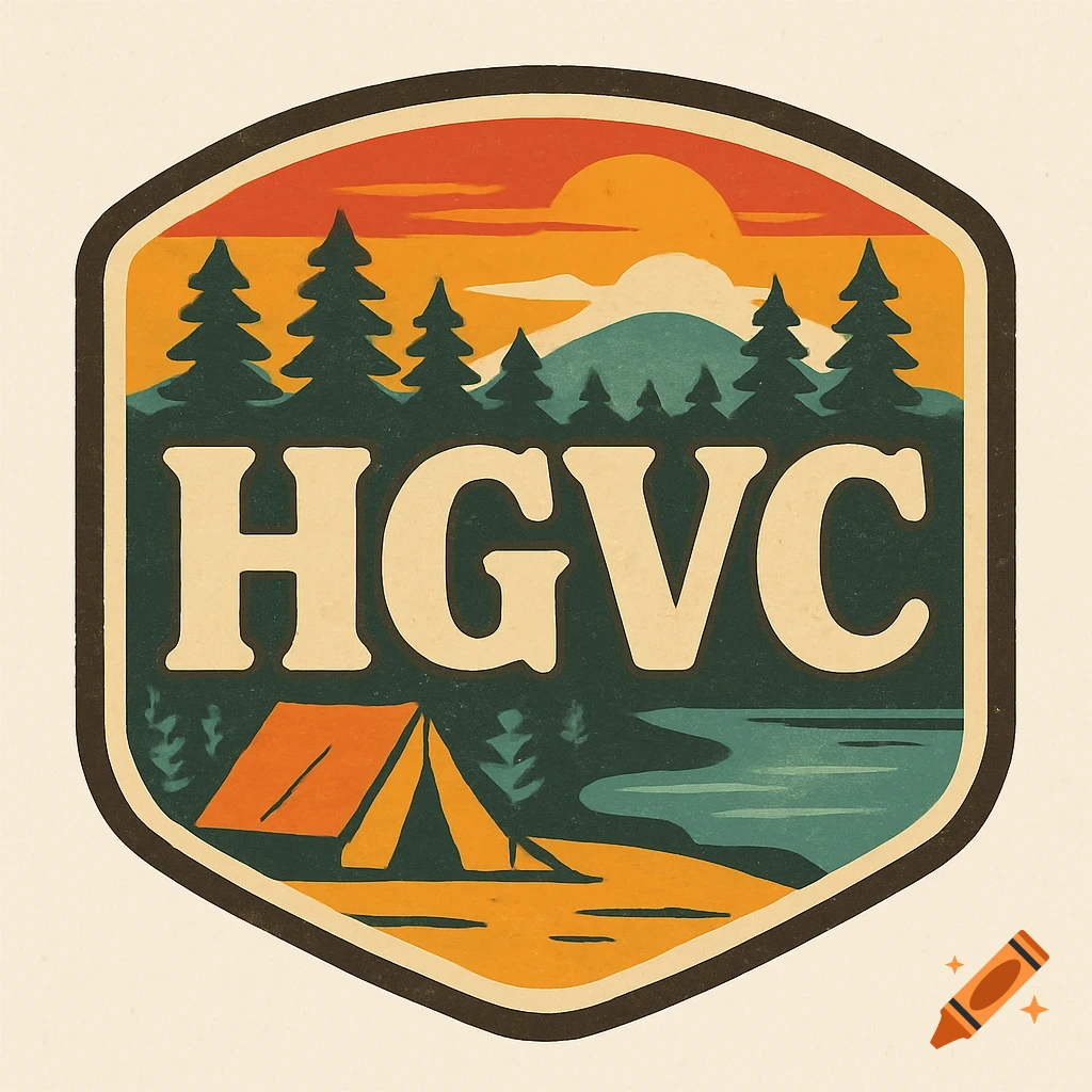 Retro-style camping logo with text HGVC, trees, mountains, tent, and ...
