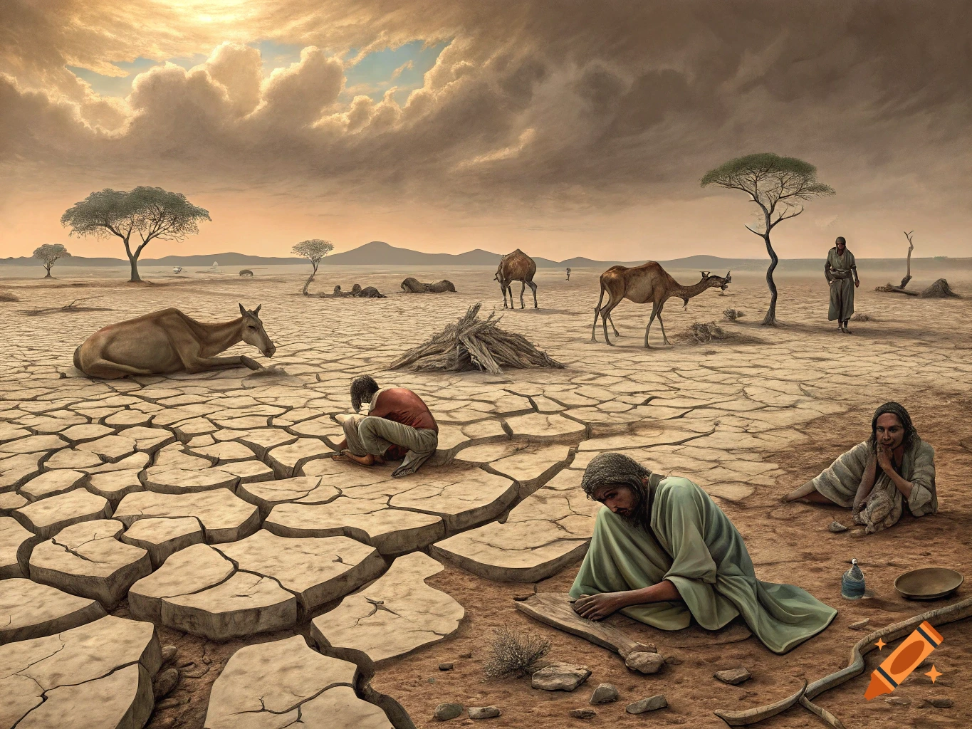 A dry desert landscape with cracked earth, distressed people, and dying ...