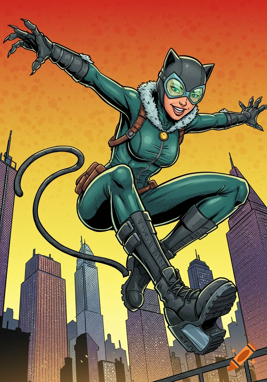 Comic book art of a Catwoman-like character jumping over city buildings ...