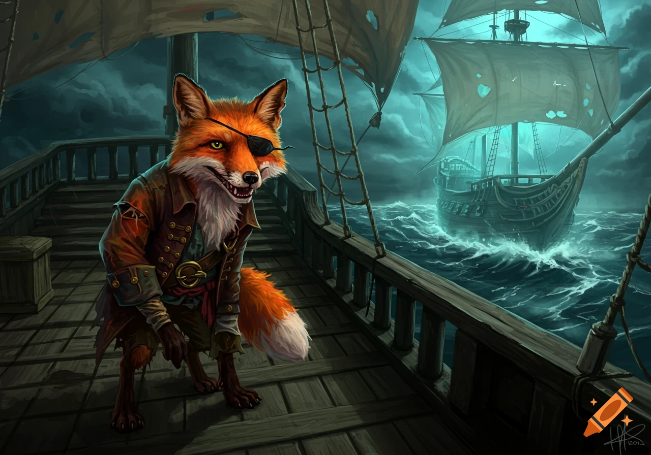 Illustration of a pirate fox with an eye patch on a ship at sea on Craiyon