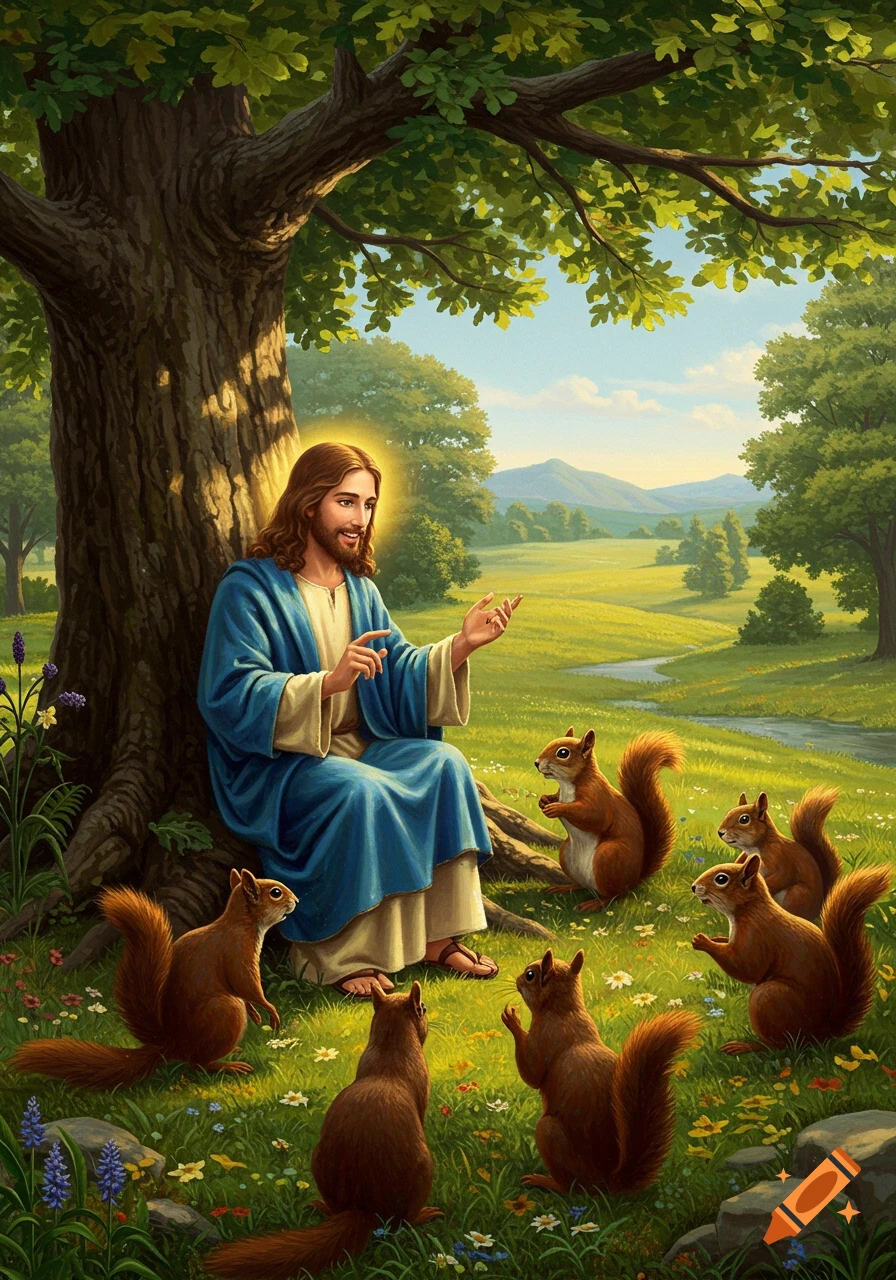 Jesus sits under a tree in a sunny field, talking to squirrels. on Craiyon