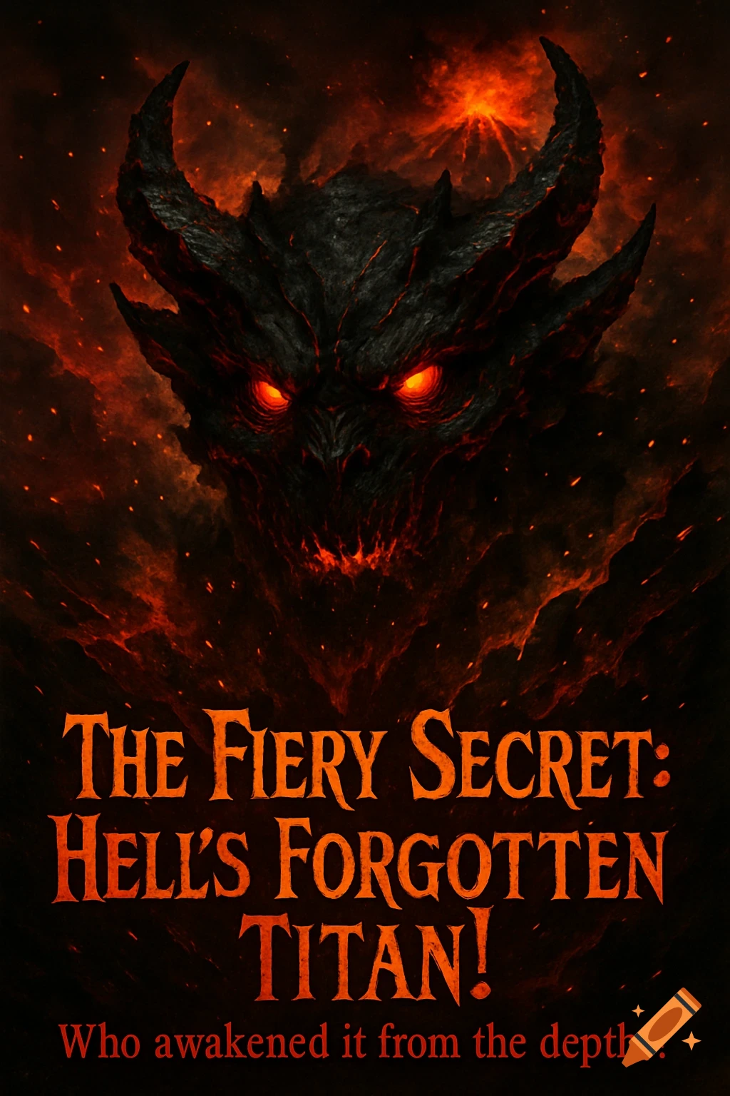 Close-up of a dark monstrous face with glowing red eyes and horns emerging from fire and smoke ...