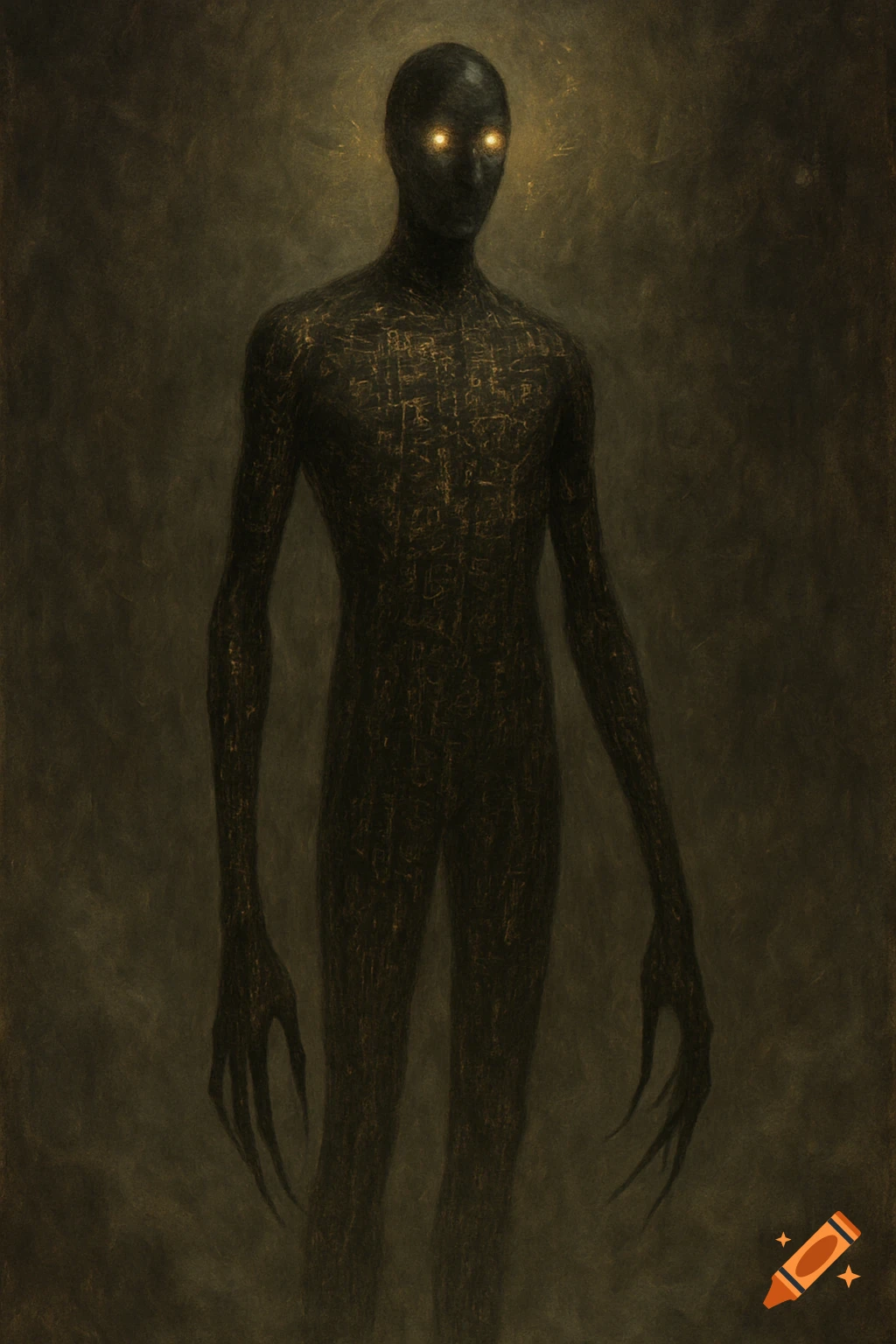 A dark, textured humanoid figure with glowing eyes and long arms stands ...