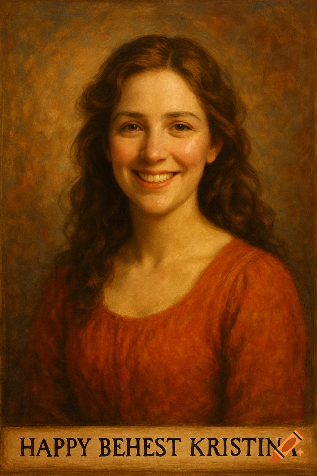 A painted portrait of a smiling woman in a red dress with "Happy Behest ...