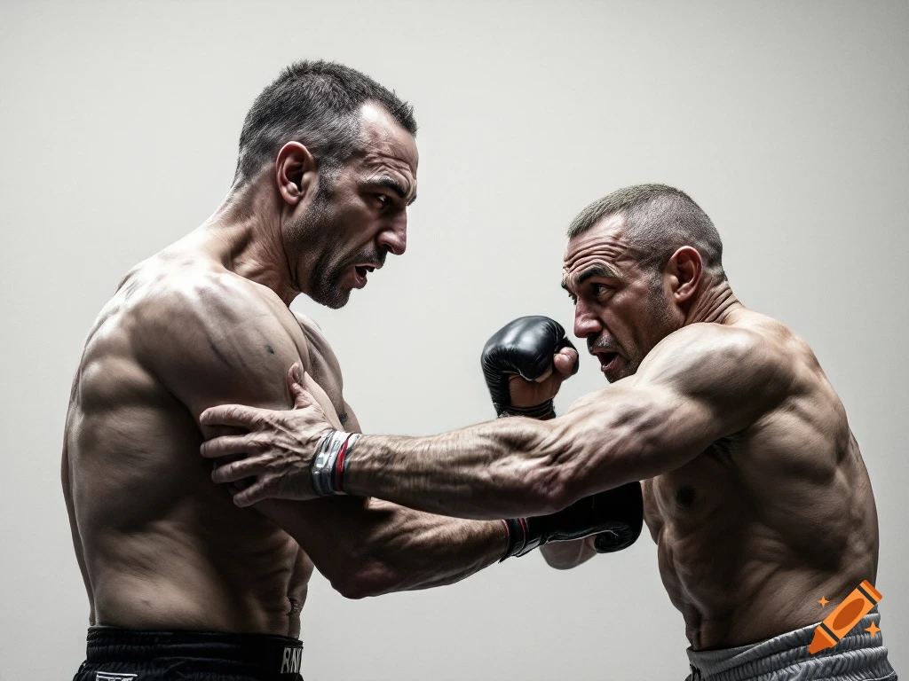 Two muscular men in a boxing or fighting stance face off in a studio ...