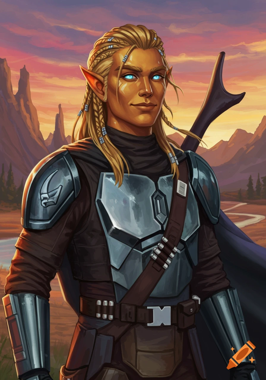 A sun elf wearing Mandalorian armor stands in a rocky landscape at ...