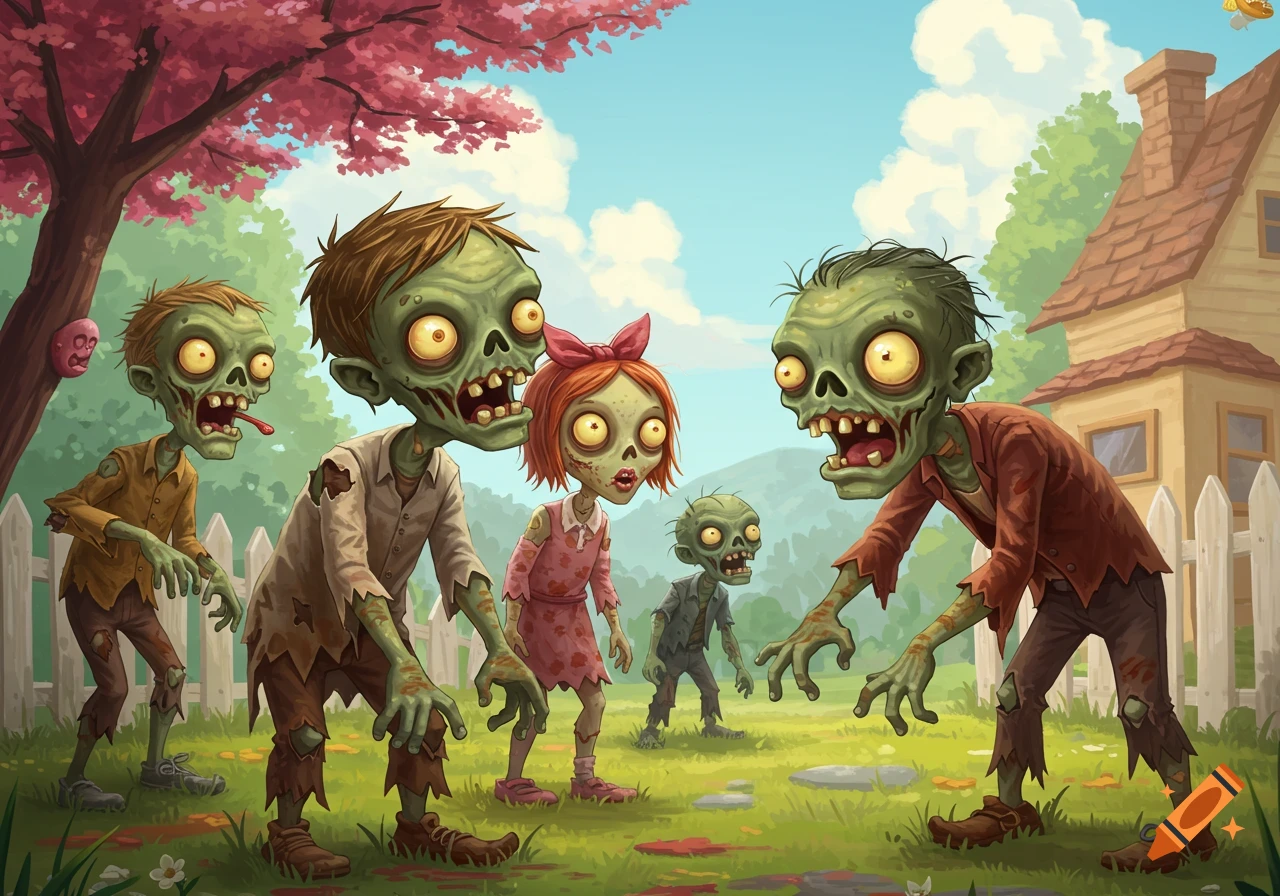 Cartoon illustration of several zombies standing in a yard near a house ...
