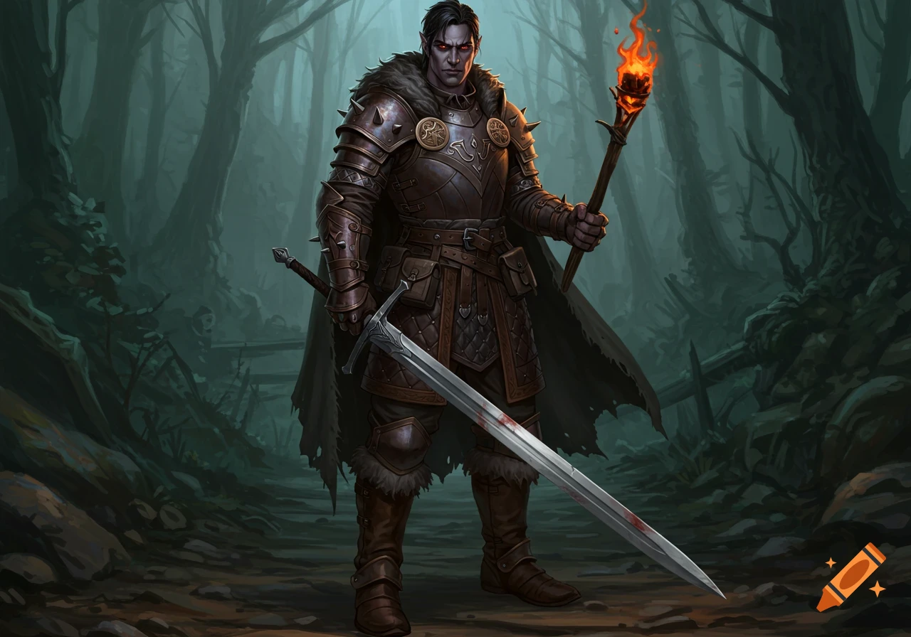 A dark fantasy warrior holds a bloody sword and torch in a forest. on ...