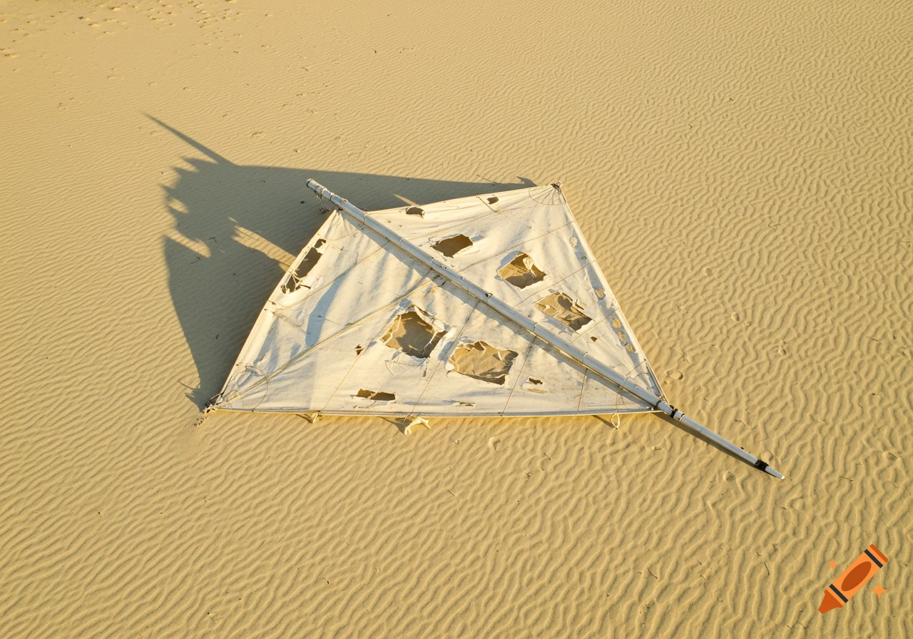 Tattered white sail lying on rippled sand dunes on Craiyon