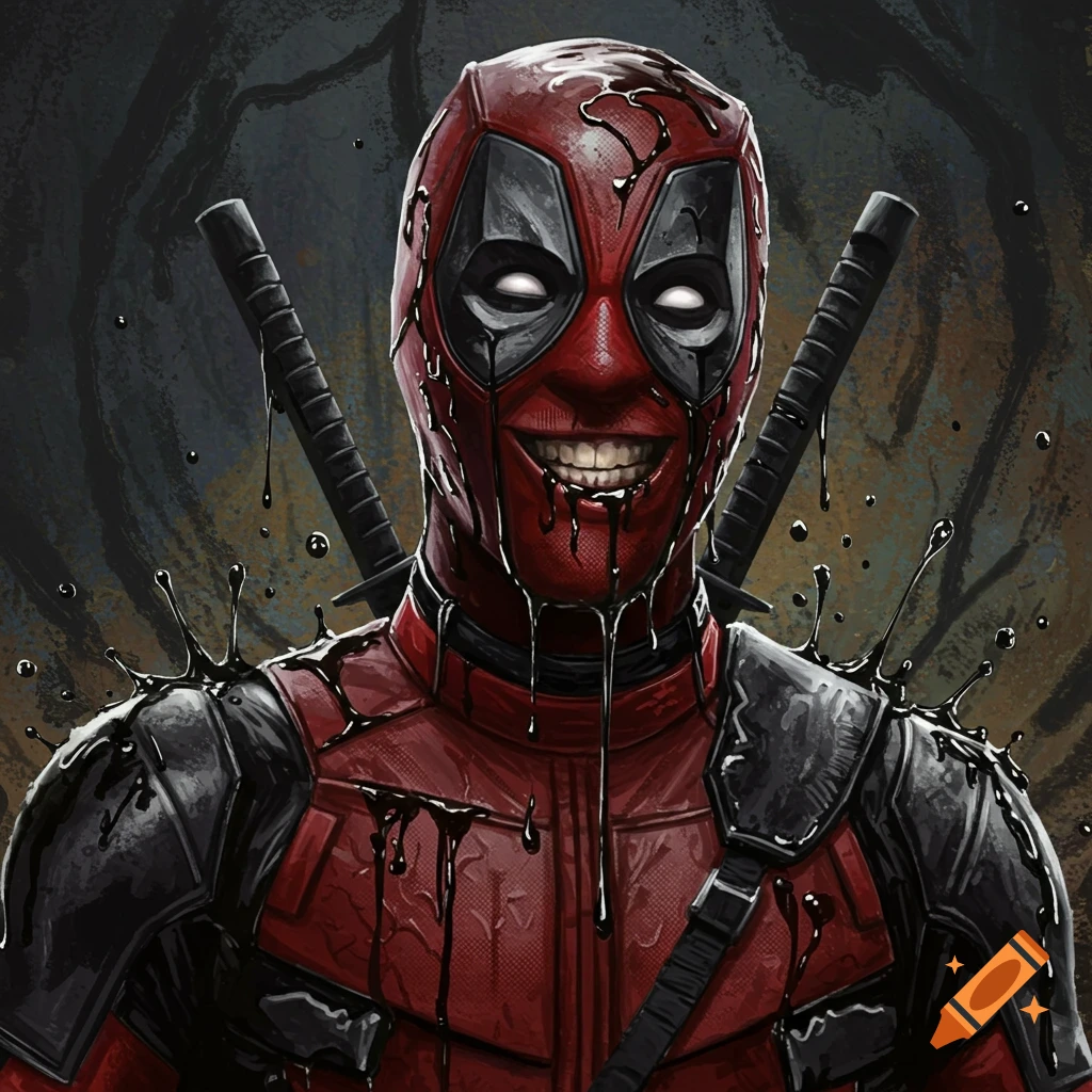 Deadpool covered in black liquid drips, stylized illustration. on Craiyon