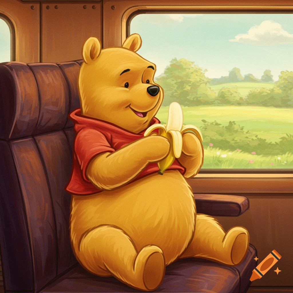 Winnie the Pooh sits on a train eating a peeled banana. on Craiyon