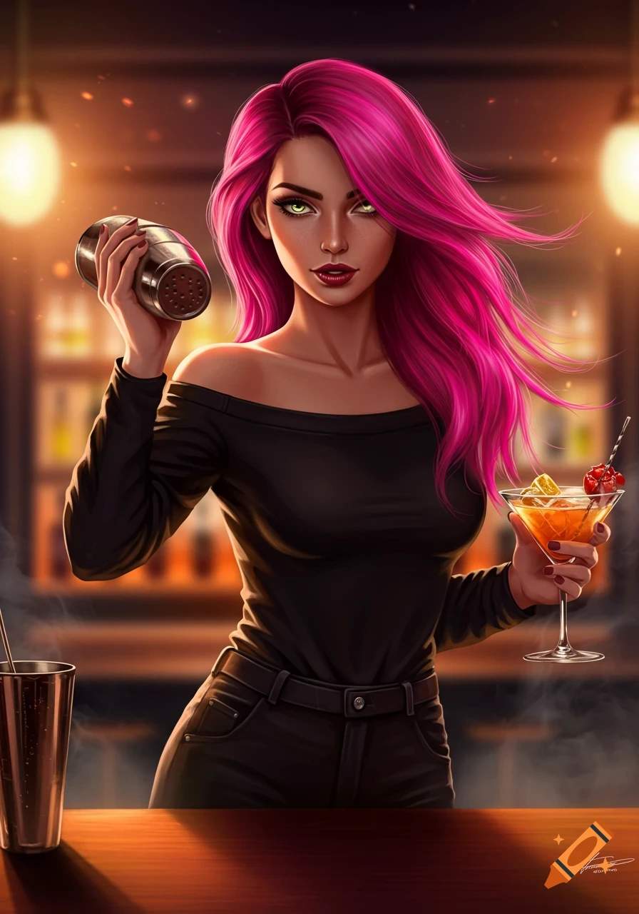 An illustrated woman bartender with pink hair holds a cocktail shaker ...