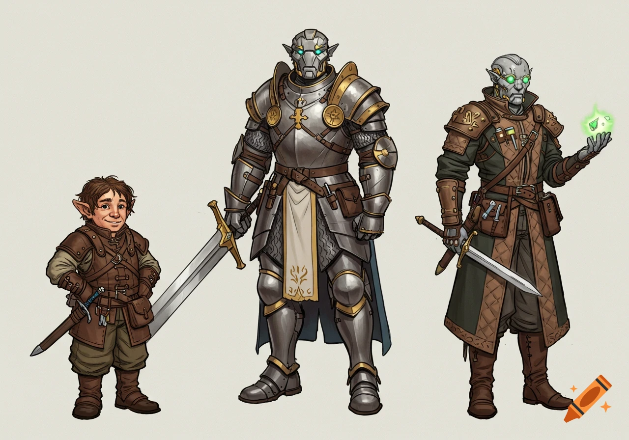 Illustration of a halfling, warforged knight, and warforged spellcaster ...