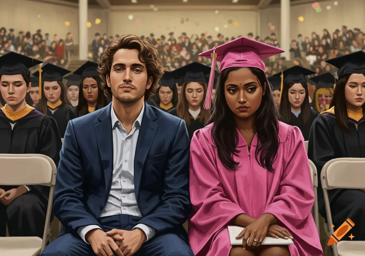 A man in a suit and a woman in a pink graduation gown sit bored in a ...
