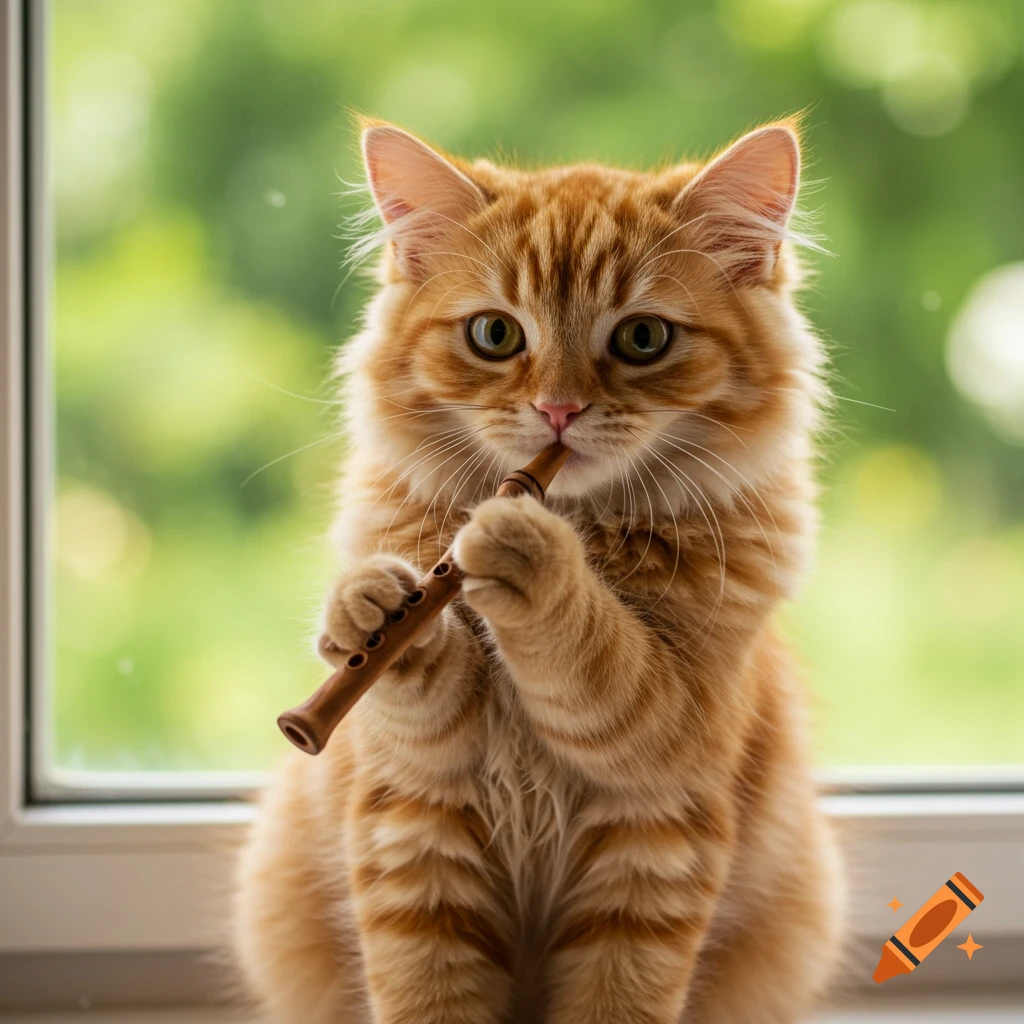 A cute ginger cat holds a small wooden flute to its mouth, sitting by a ...