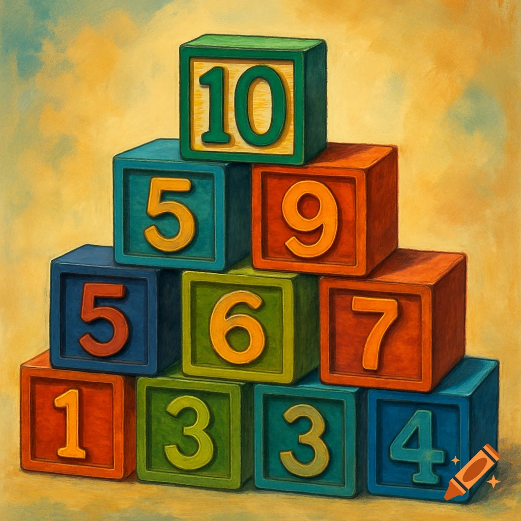 Colorful wooden number blocks stacked in a pyramid shape on a textured ...