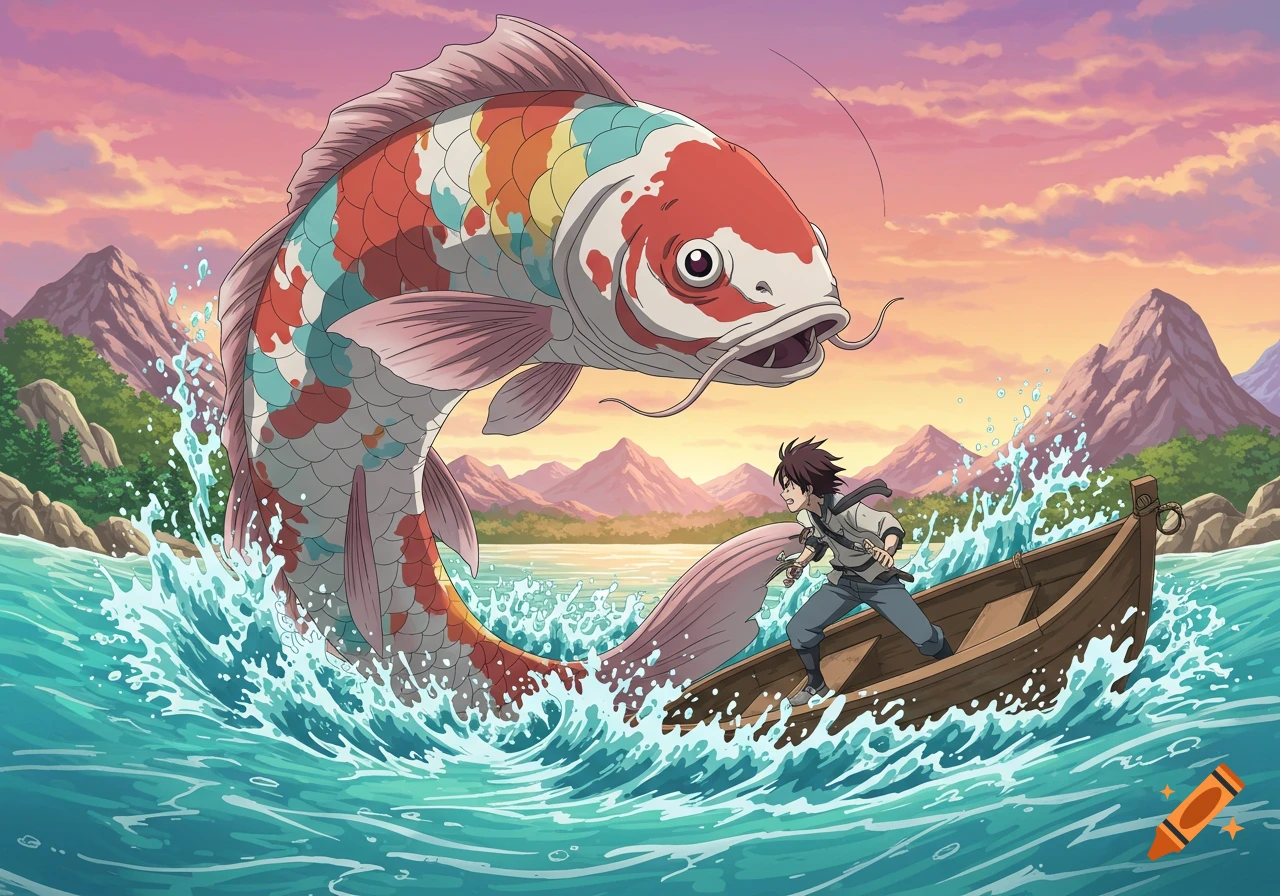 An anime illustration of a person in a boat being towered over by a ...