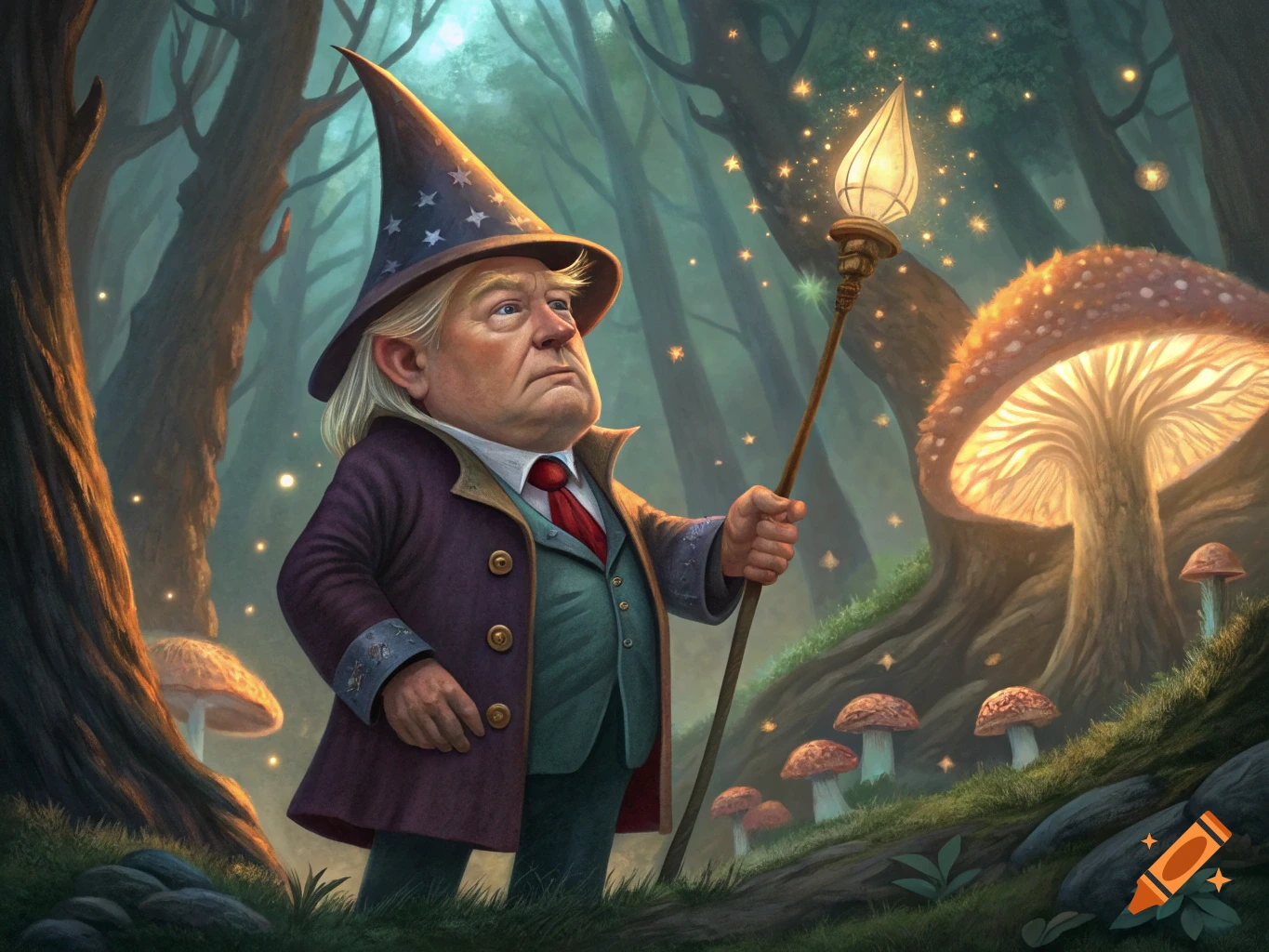 Stylized illustration of Donald Trump as a fantasy wizard in a magical ...